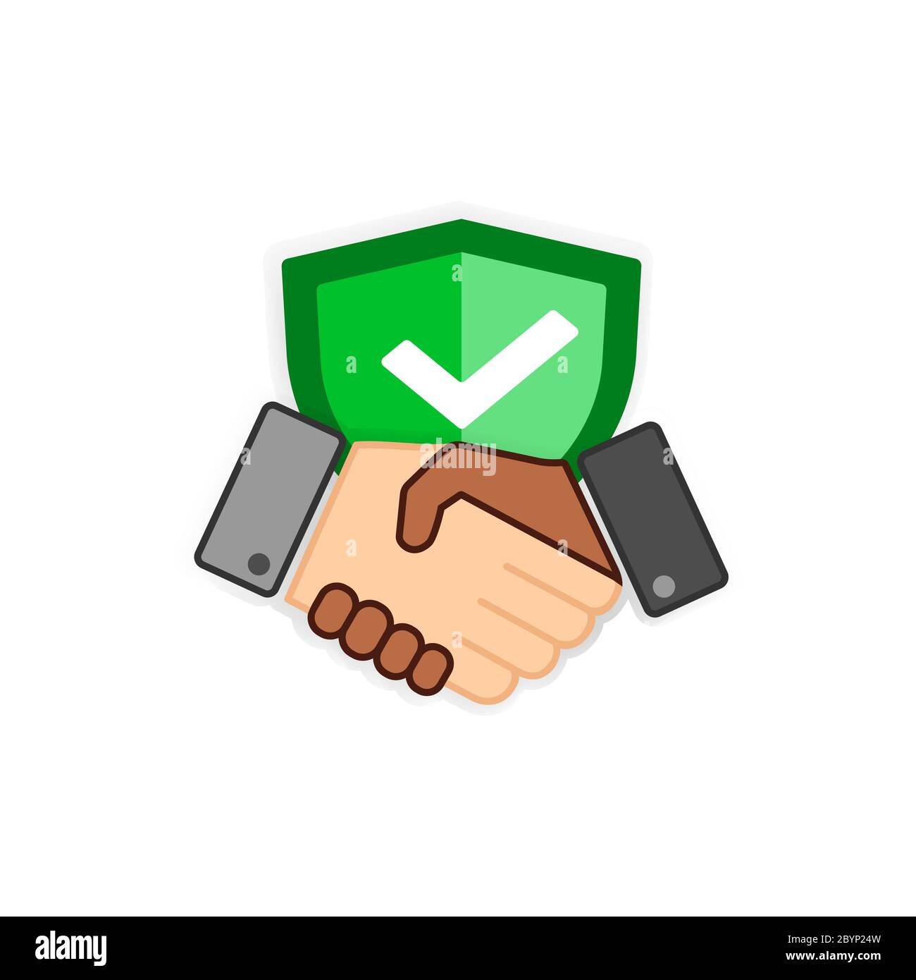Black and white male handshaking, partnership with check mark icon on ...