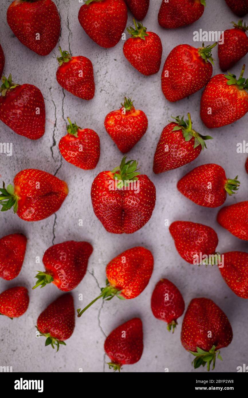 Strawberries on the table top view. Red berries pattern. Strawberry ...