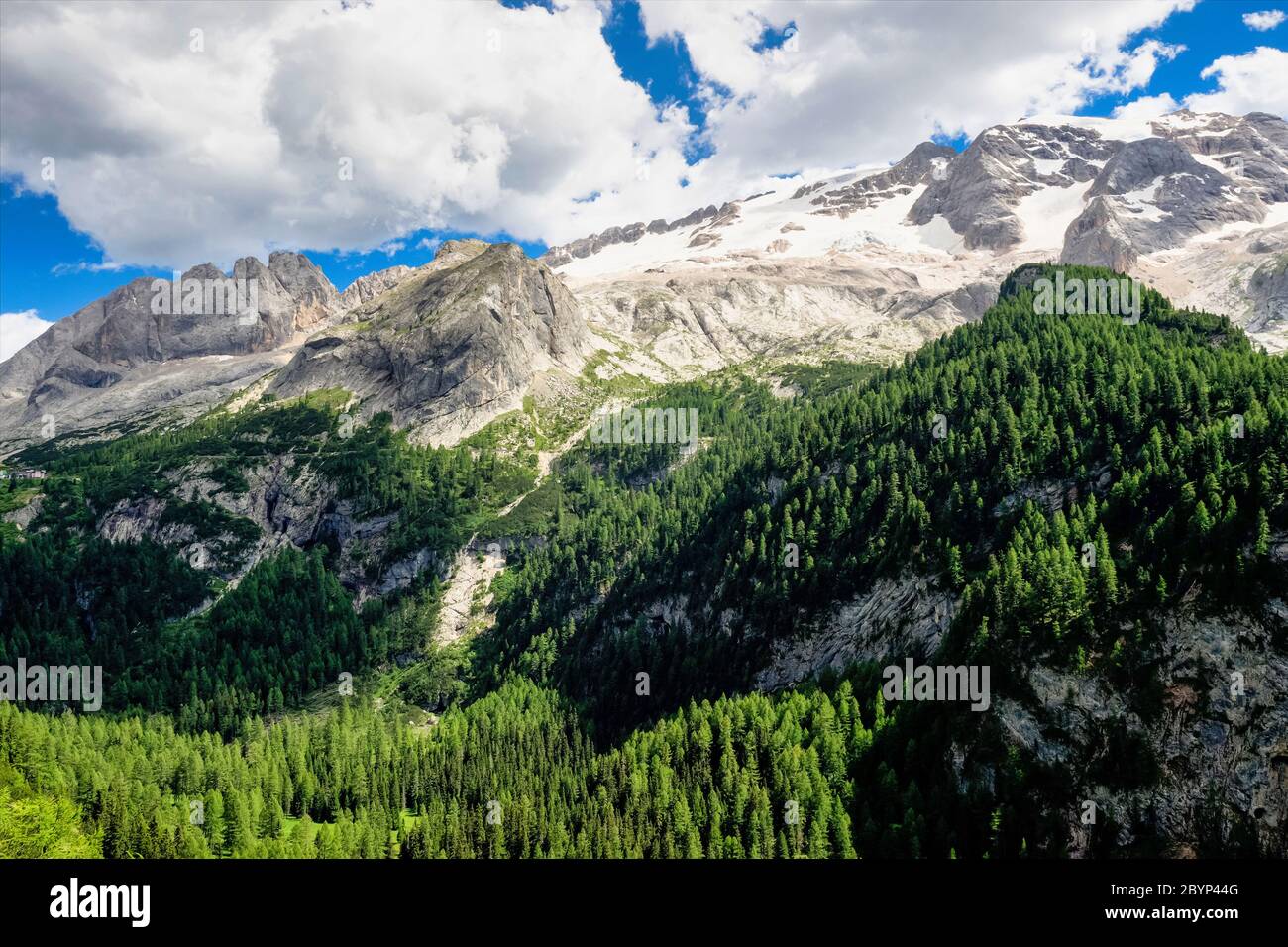 Alpine landscape in the Dolomites, Italy. Glacier Marmolada and Fedaia ...