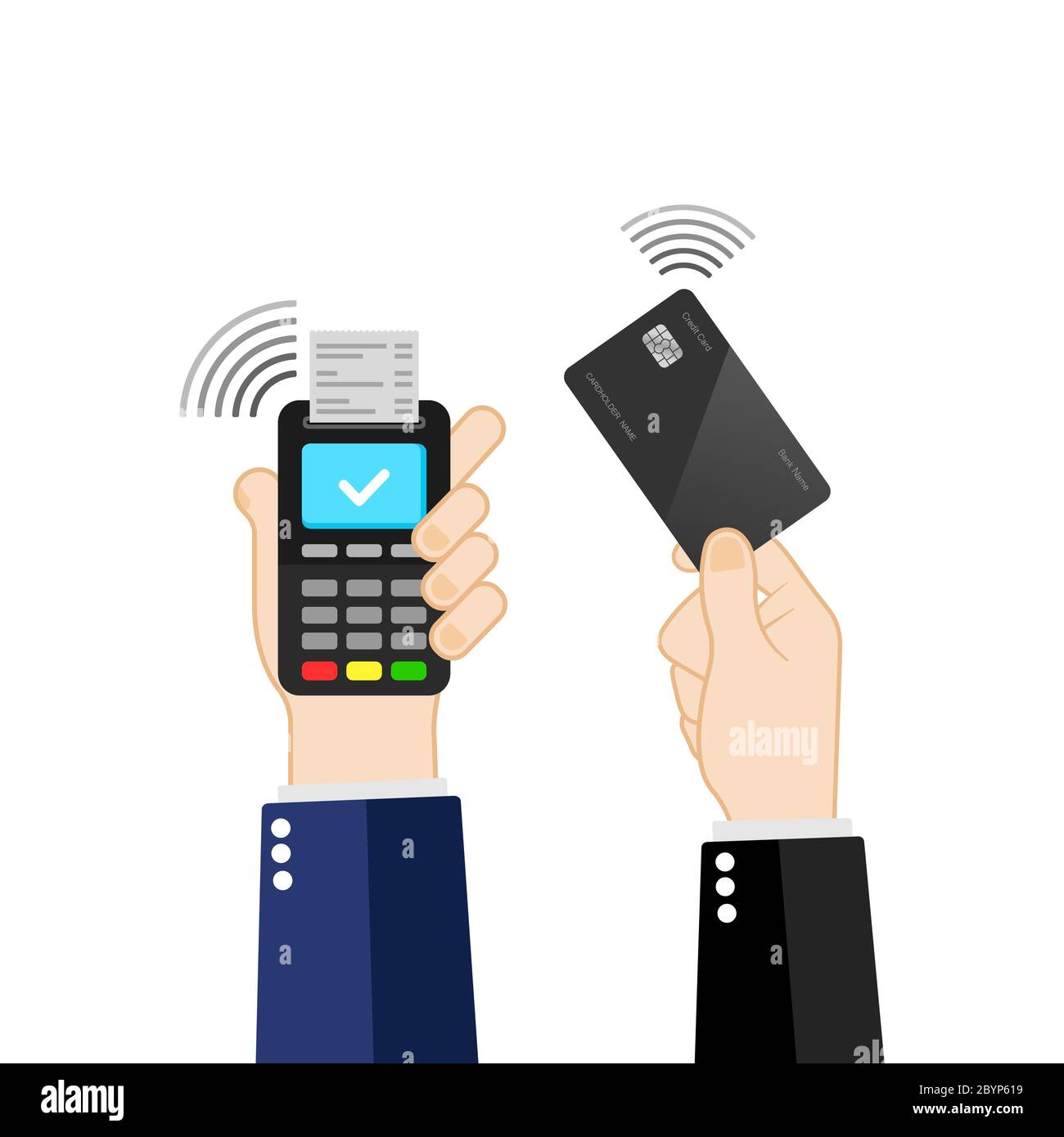 Hand holds credit card. Payment icon via POS terminal NFC technology. Contactless card payment ...