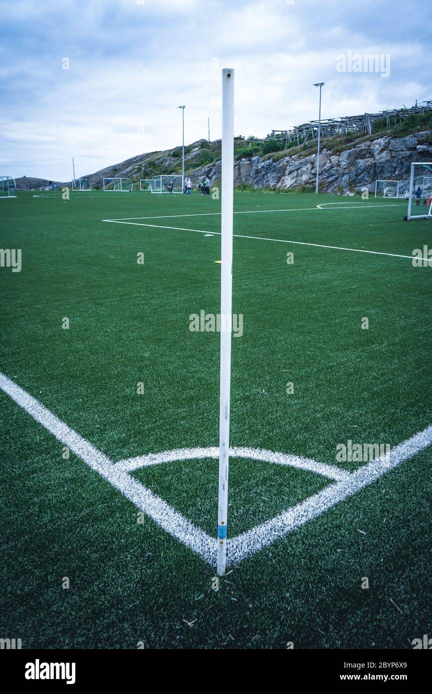 Play field corner, green grass texture of football or soccer field ...