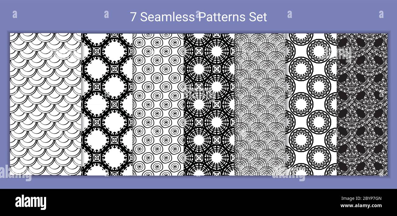 Set of 7 monochrome seamless patterns with hand drawn doodle circles ...