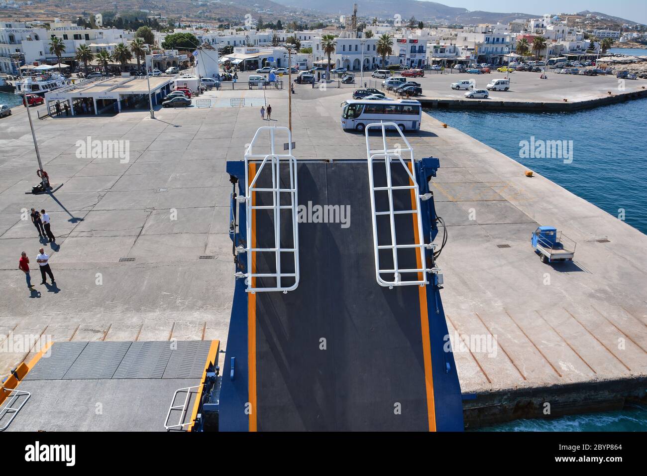 PAROS, GREECE - SEPTEMBER 17, 2016: A ferry departs from the port of ...
