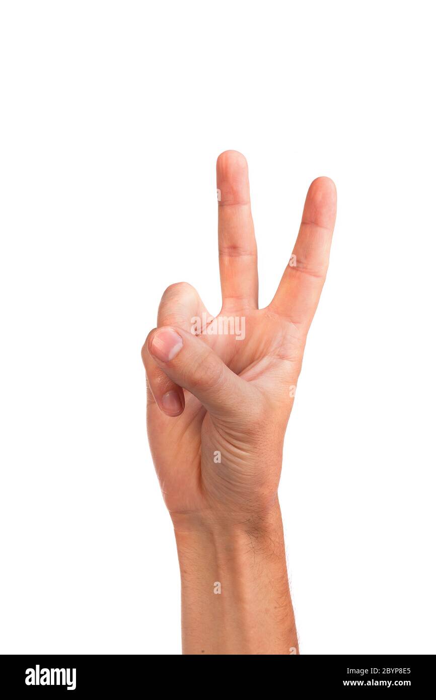 Hand with two fingers up in the peace or victory symbol Stock Photo - Alamy