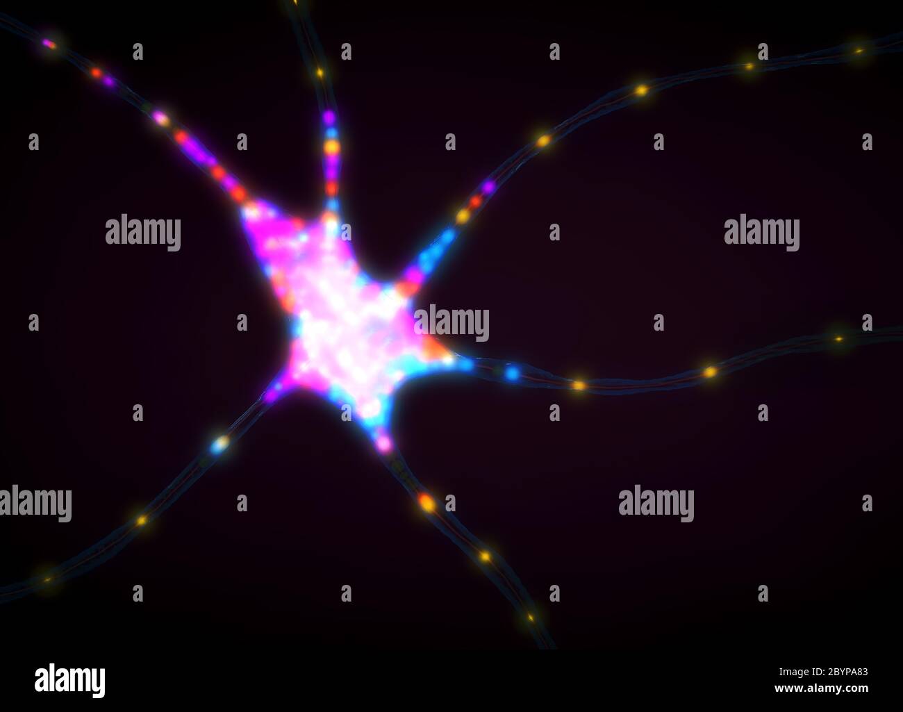Multicolored and transmitting single nerve cell or neuron - 3d ...