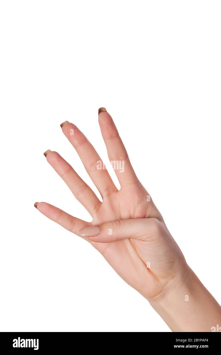 Hand gesture number four closeup isolated on white Stock Photo - Alamy