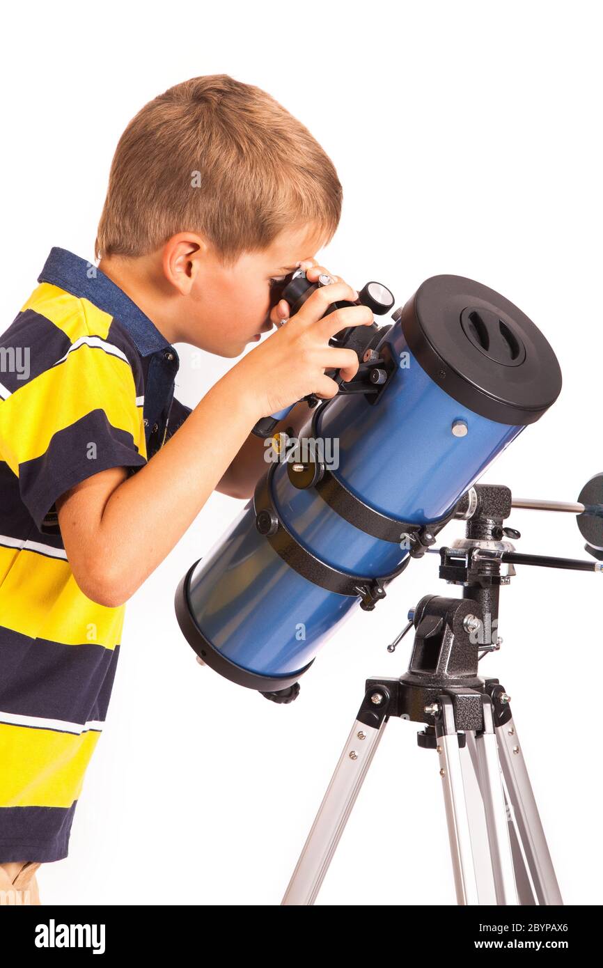 Child Looking Into Telescope on white Stock Photo - Alamy