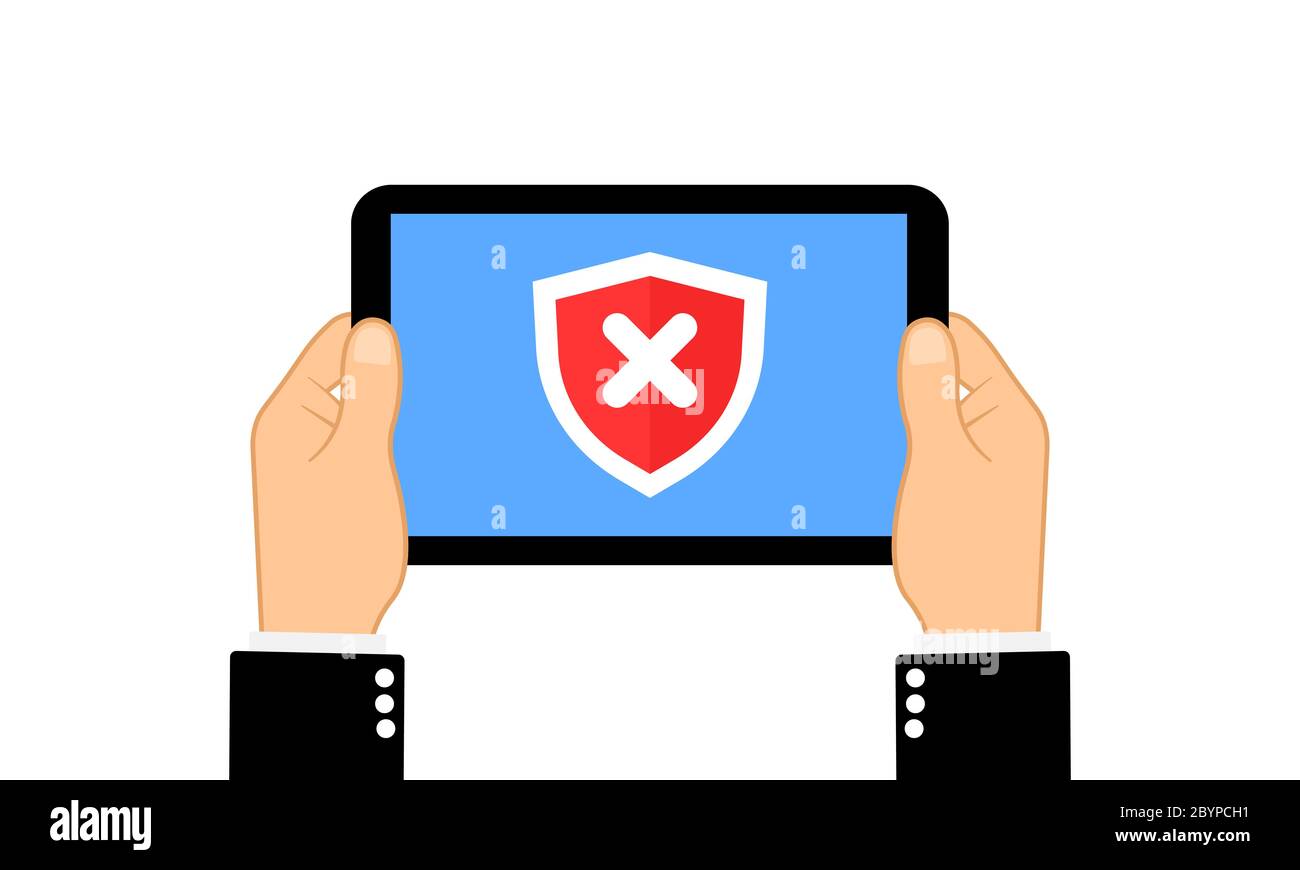 Hands holding tablet computer with check mark cross X in the red shield ...