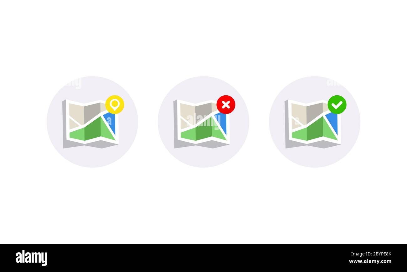 Map with pin, wrong and right check marks. location icon on isolated ...