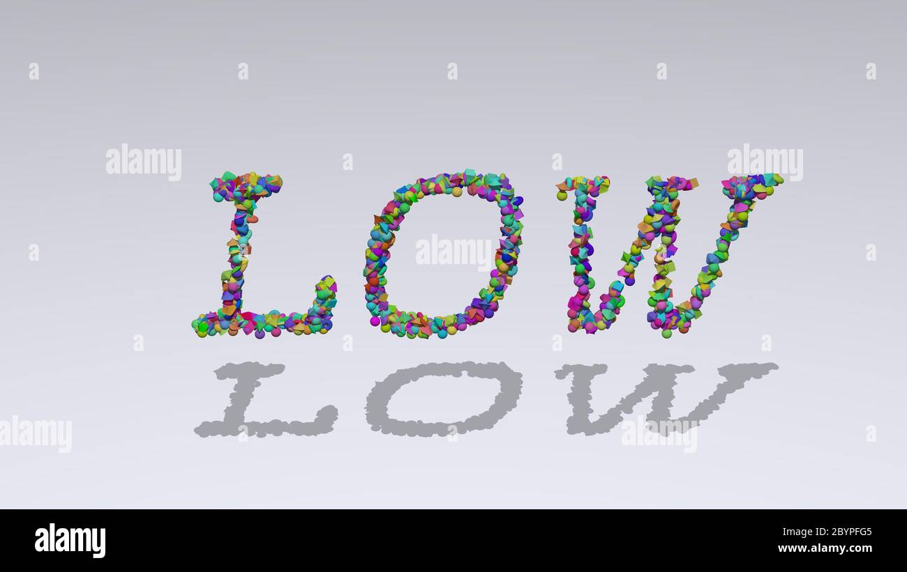 low: 3D illustration of the text made of small objects over a white ...