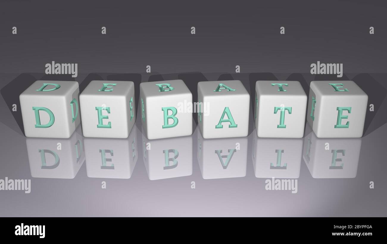 alphabetic Debate arranged by cubic letters on a mirror floor, concept ...