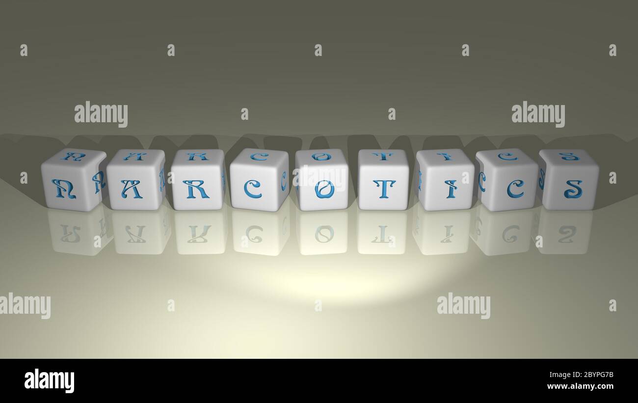 alphabetic Narcotics arranged by cubic letters on a mirror floor ...