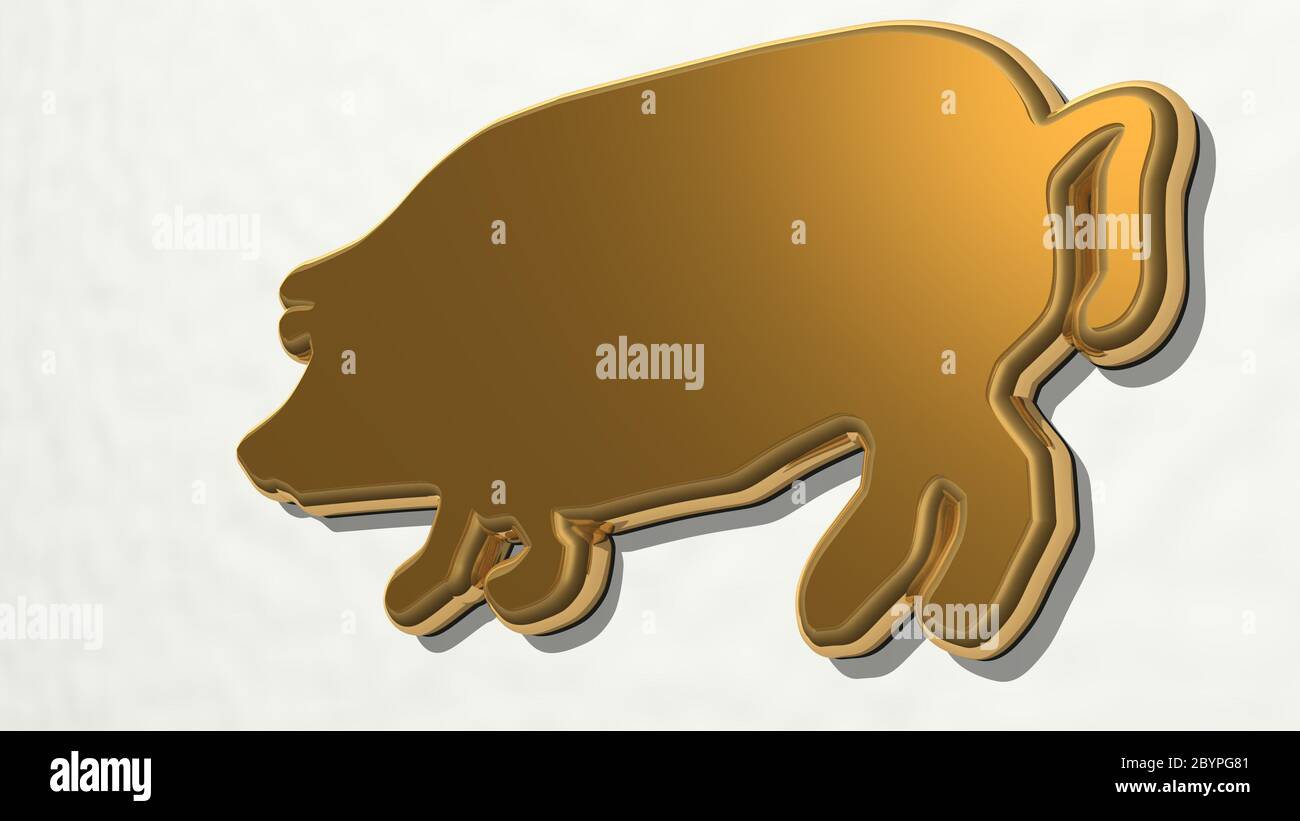 PIG on the wall. 3D illustration of metallic sculpture over a white ...