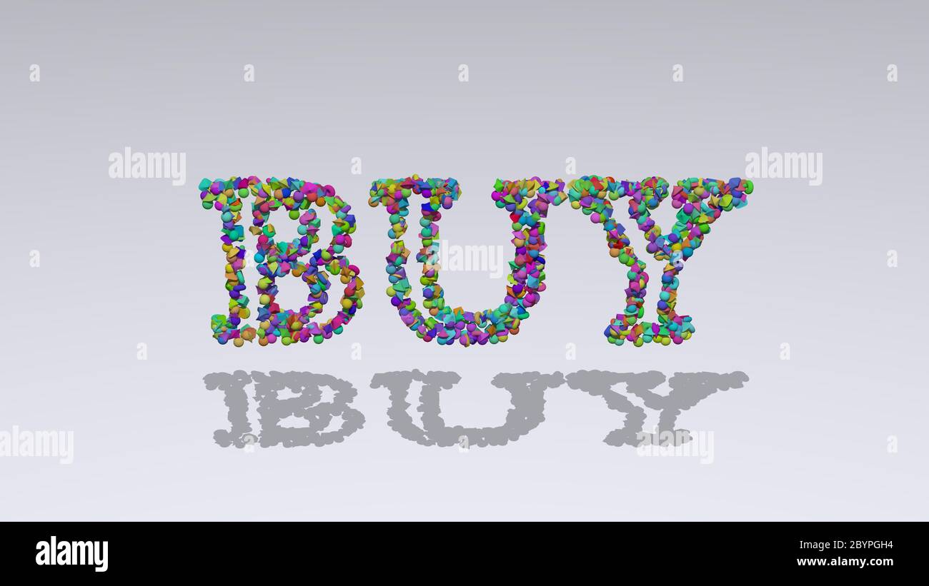 Colorful 3D writting of buy text with small objects over a white ...