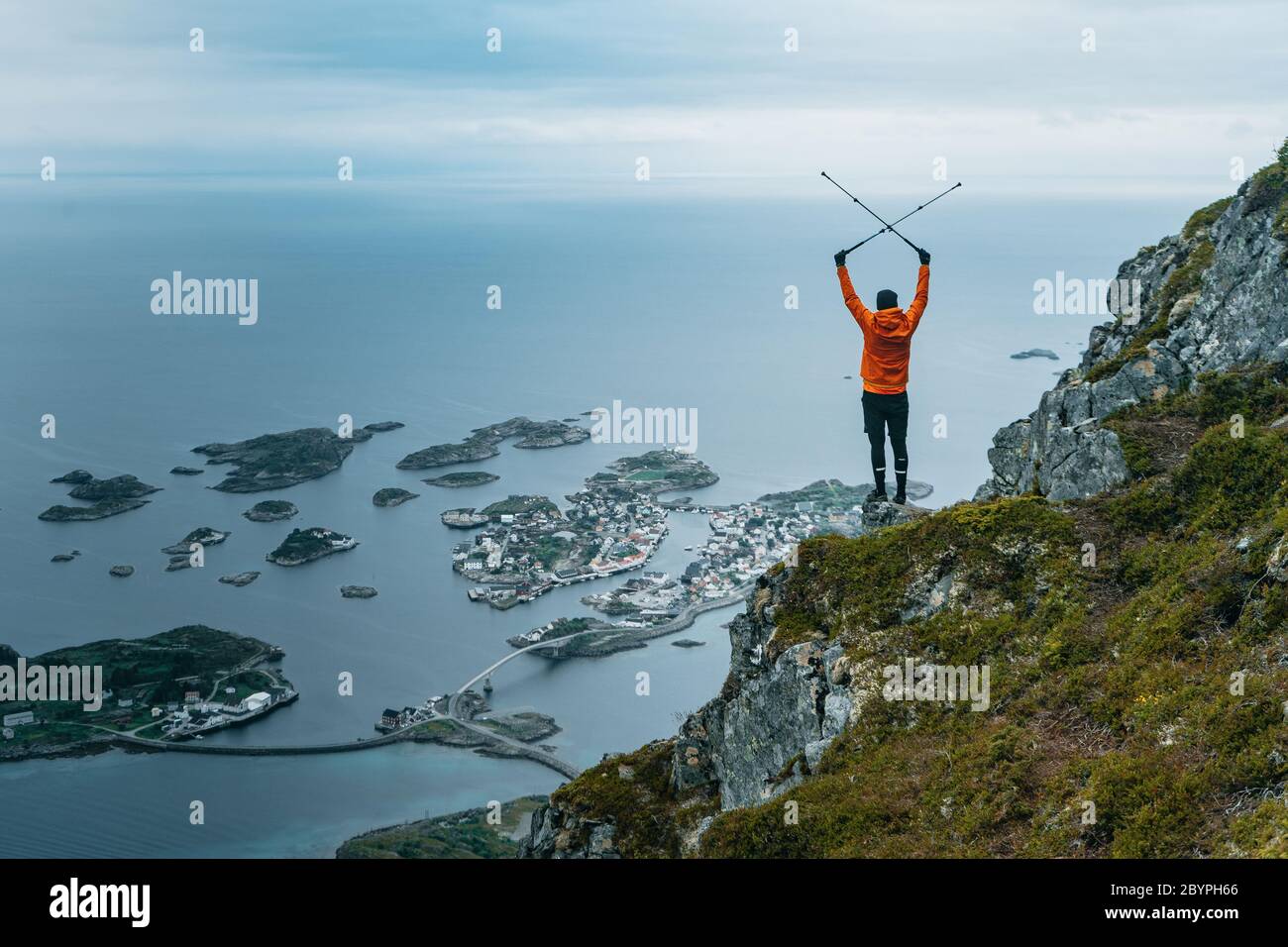 Hiker on rocky trail walking on mountain ridge. Concept vision. On top ...