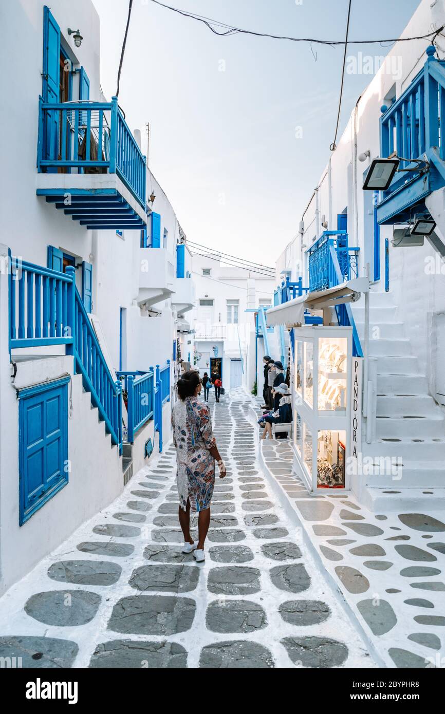 Mykonos Greece Island with whitewashed building at the streets of ...