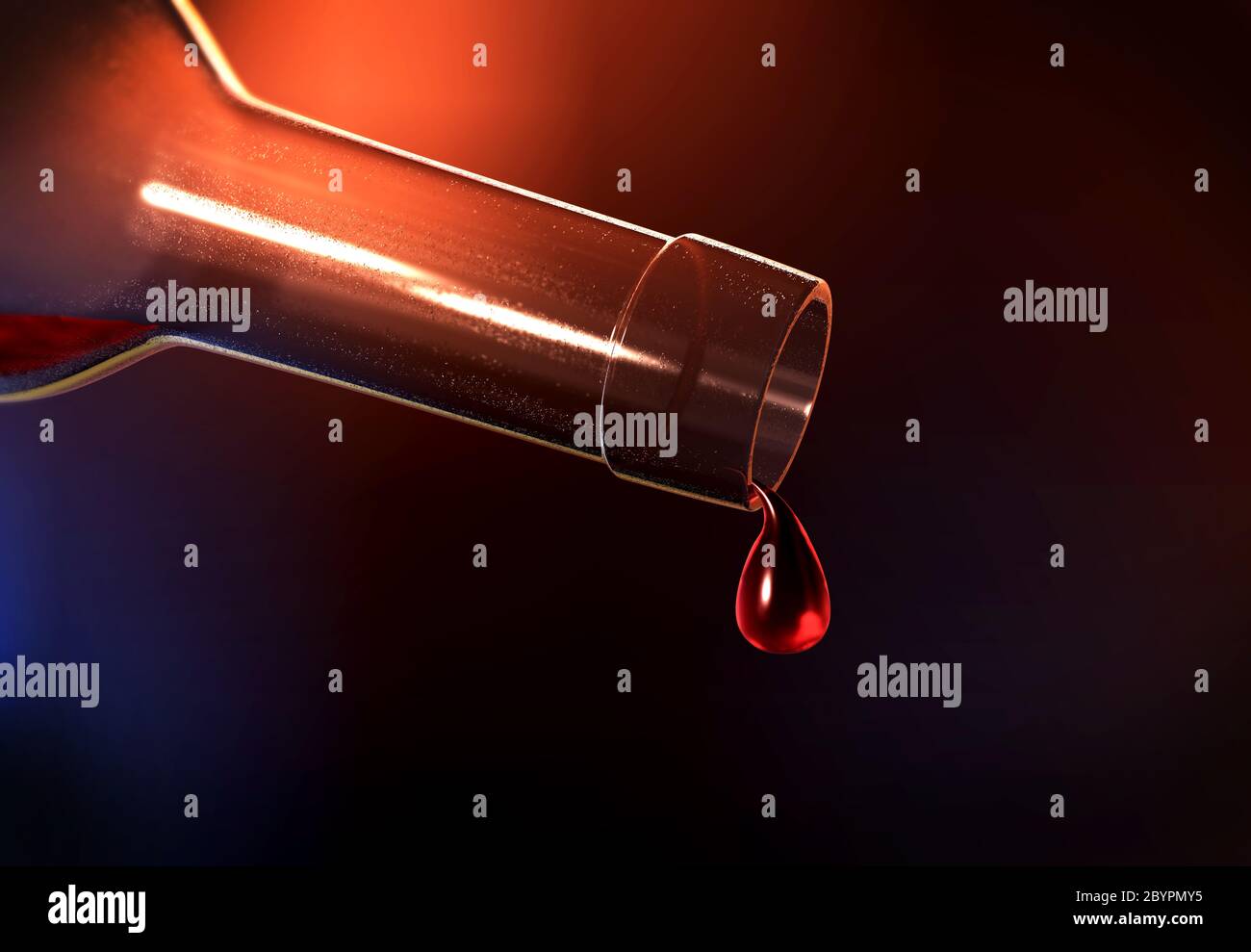 Last drop of wine dripping from a bottleneck in dark atmosphere Stock ...