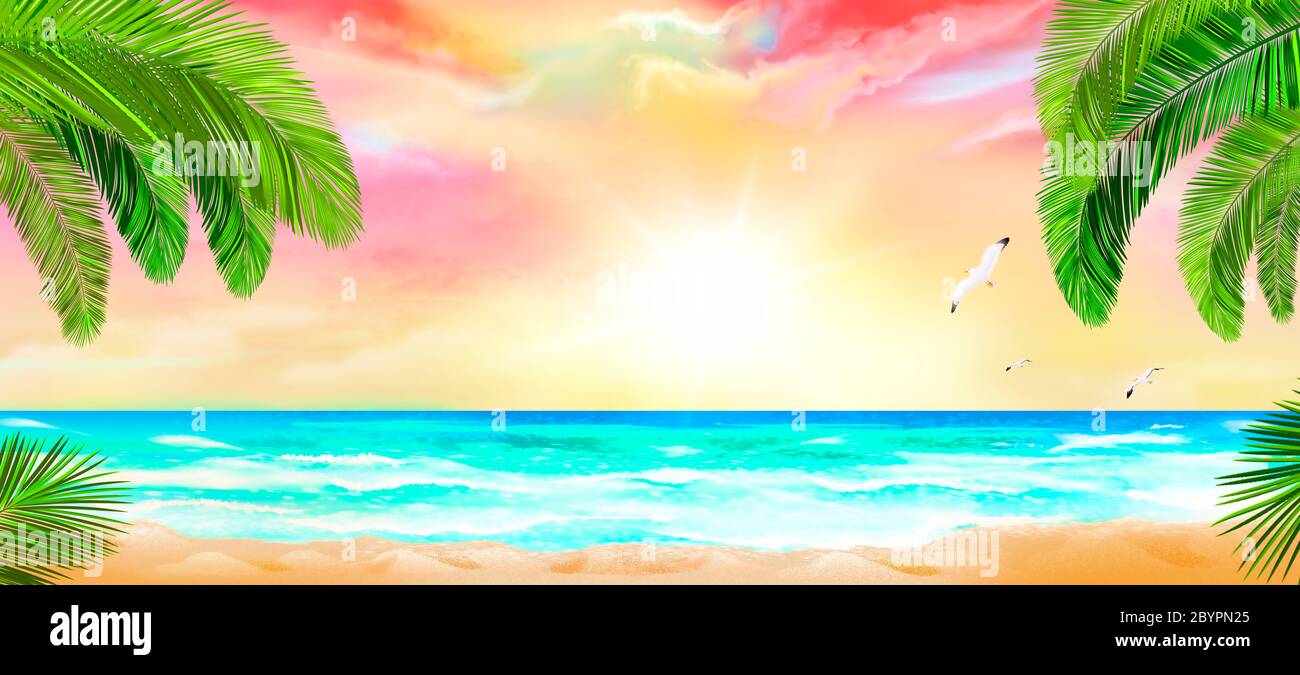 Tropical beach with palm trees and ocean view. Tropical seascape Stock ...