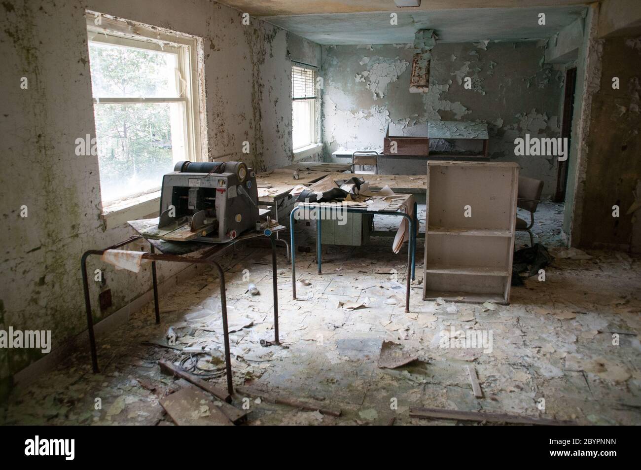 A decaying office and furniture in the abandoned Martin Inn Hotel in ...