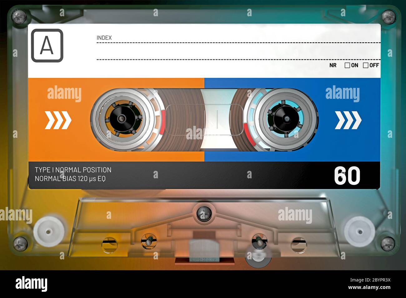 3d illustration of a transparent audio cassette with sticker and label ...