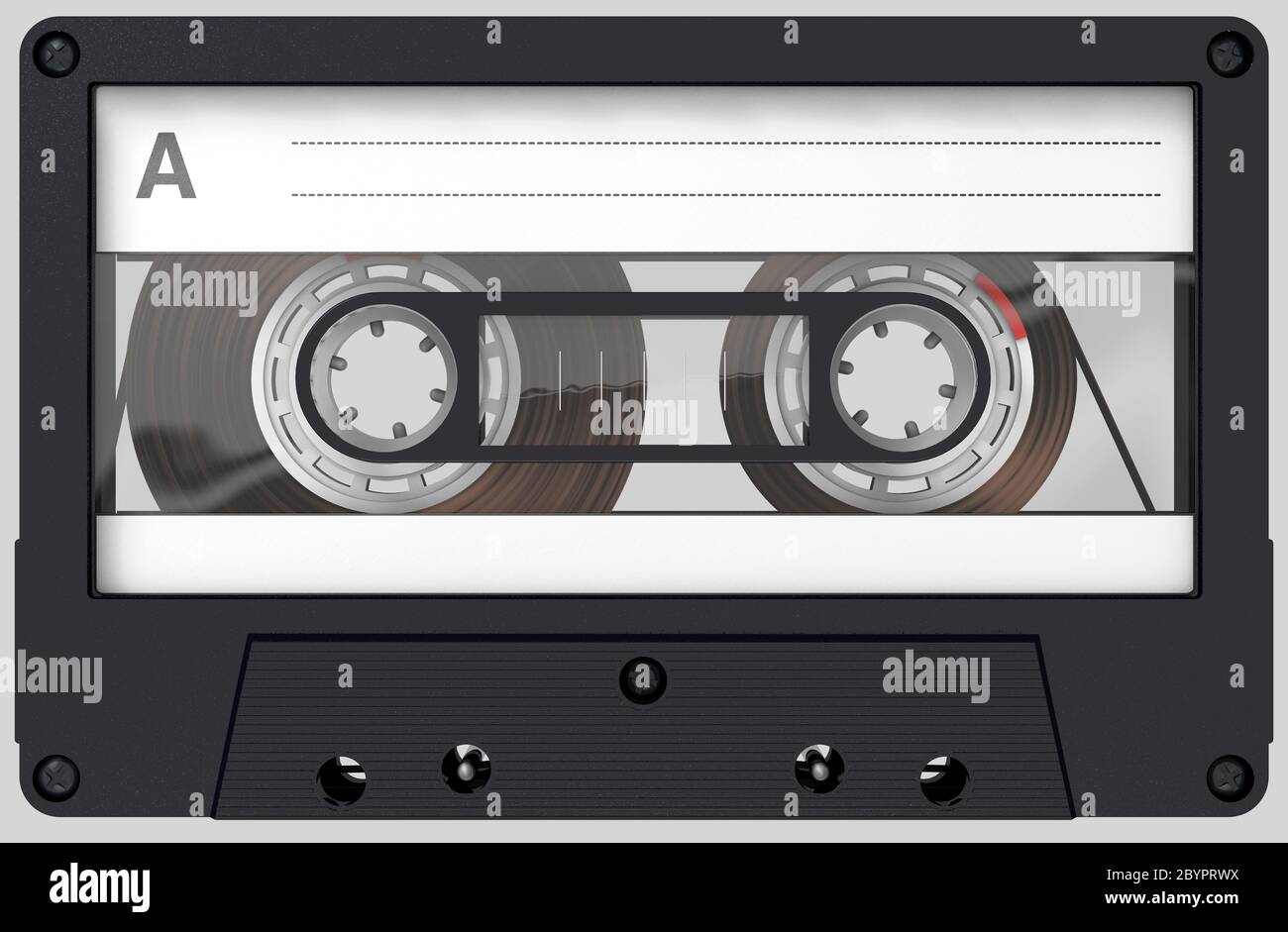 3d illustration of a black and transparent audio cassette with sticker ...