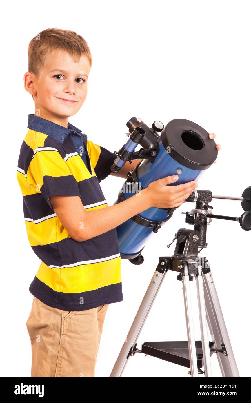 Child Looking Into Telescope on white Stock Photo - Alamy