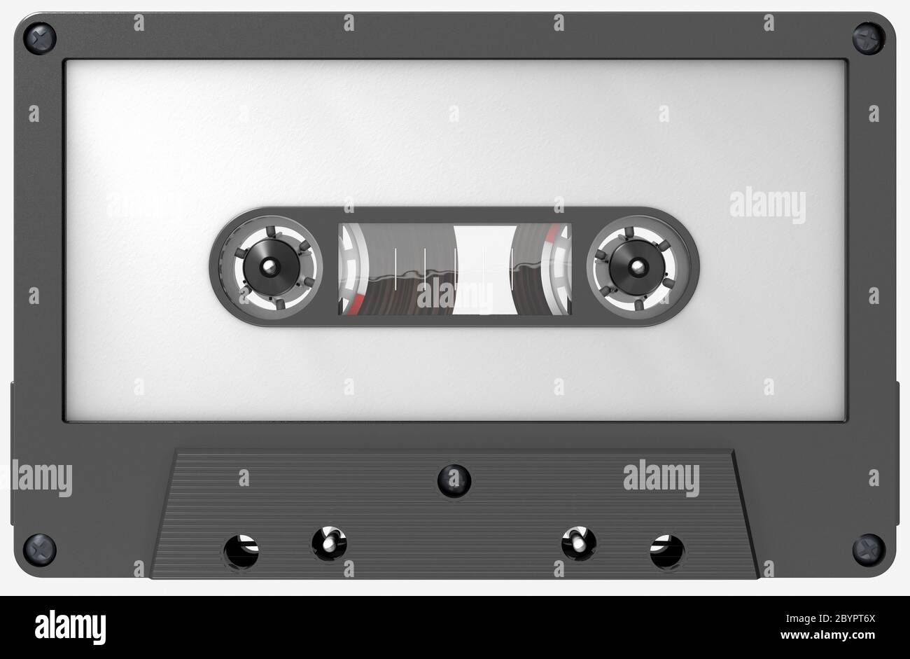 3d illustration of a black blank audio cassette with sticker and label ...