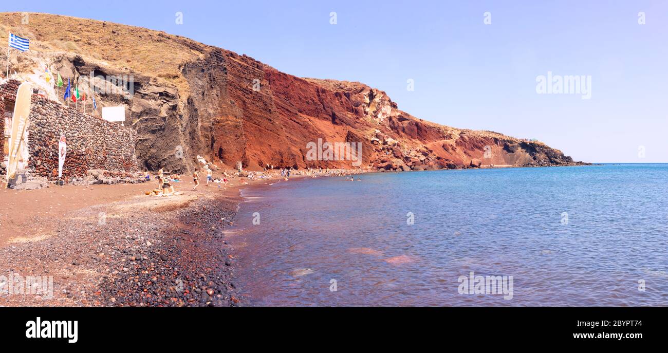 A view of the popular Red Beach on the Island of Santorini situated ...