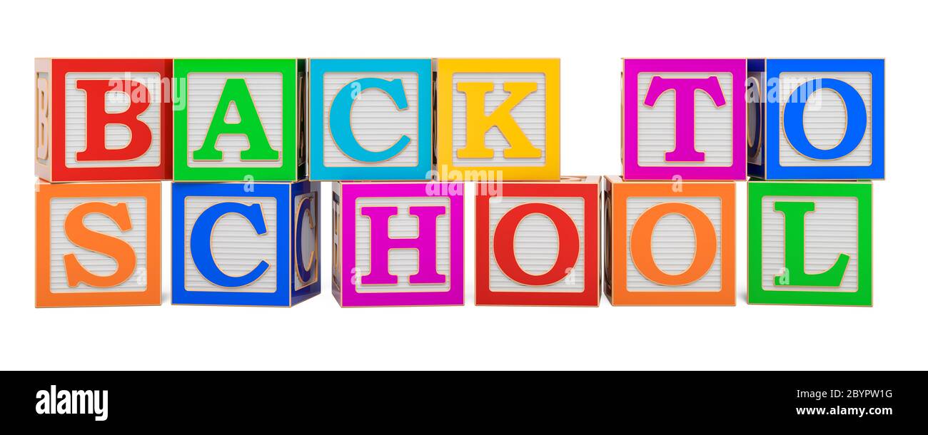 Back to School concept with wooden toy blocks, 3D rendering isolated on ...