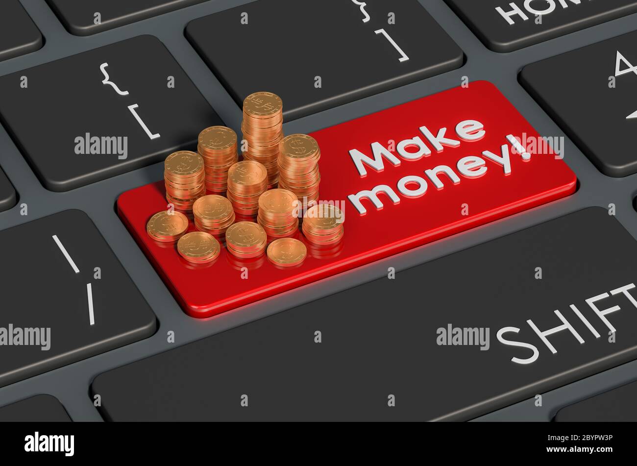 Make Money concept red keyboard button with golden coins, 3D rendering ...
