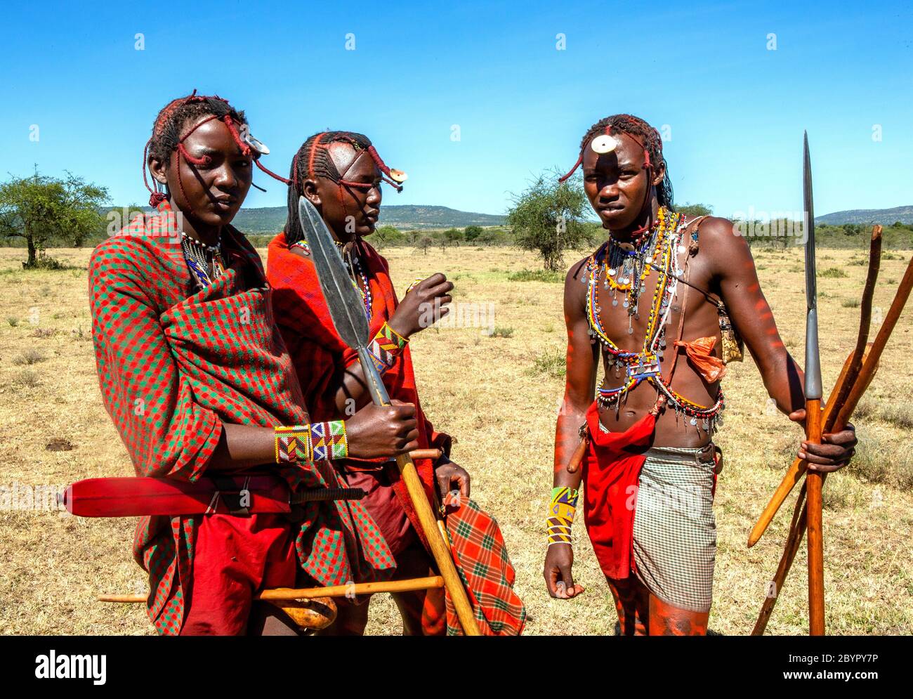 Three young Masai warriors in traditional clothes and weapons are ...