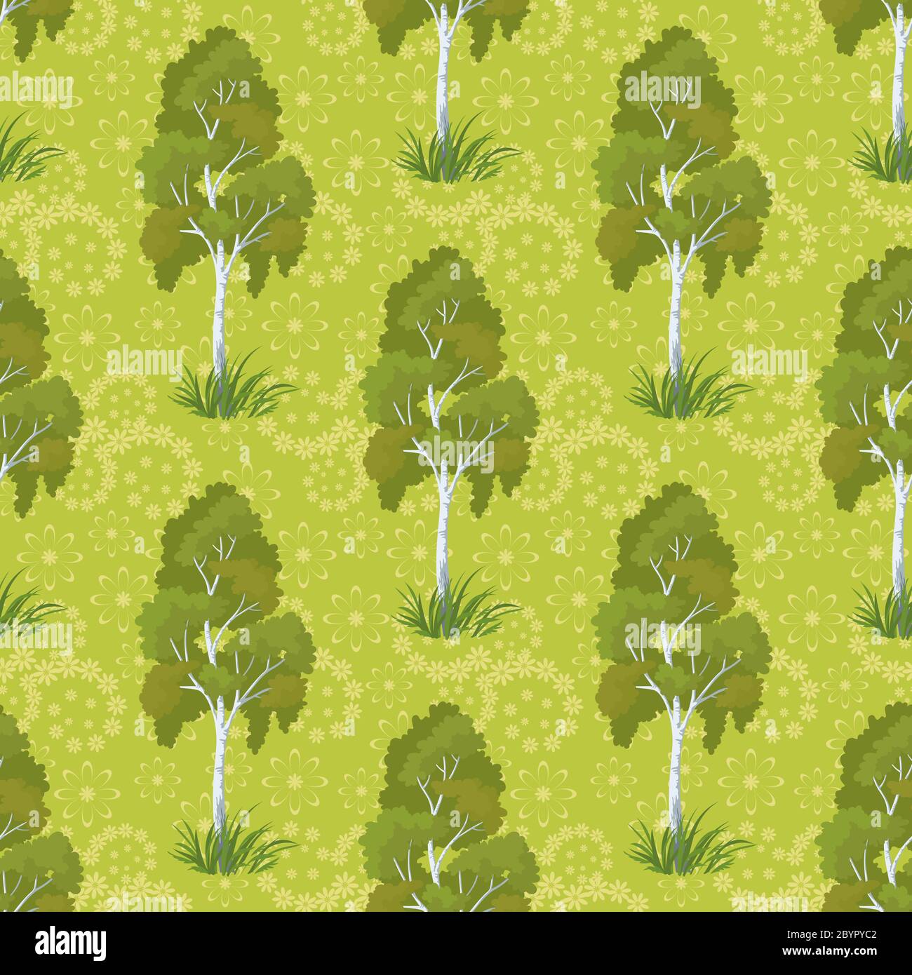 Seamless, birch trees and floral pattern Stock Photo - Alamy
