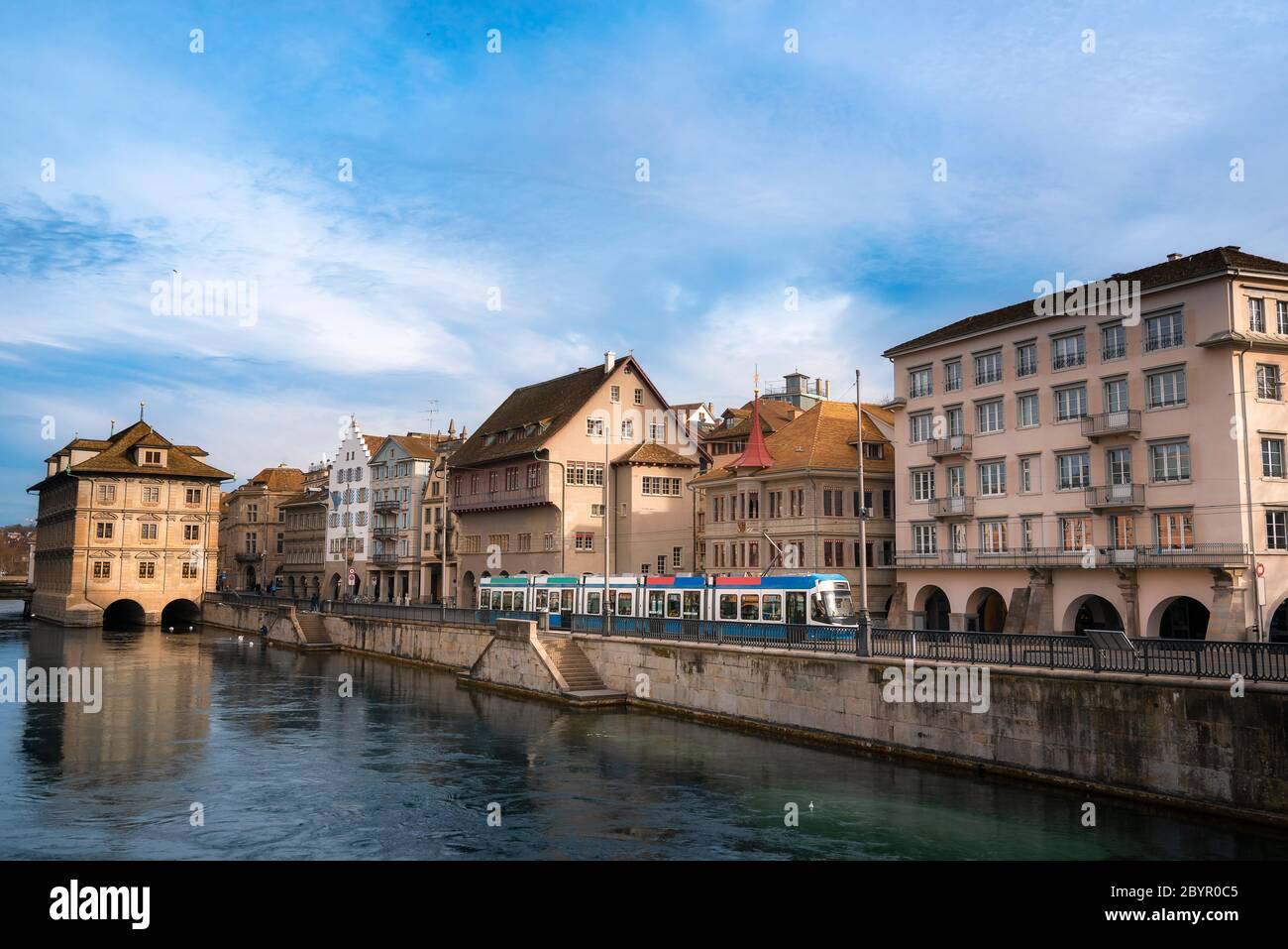 Zurich old city center landscape with historical buildings, tram and ...