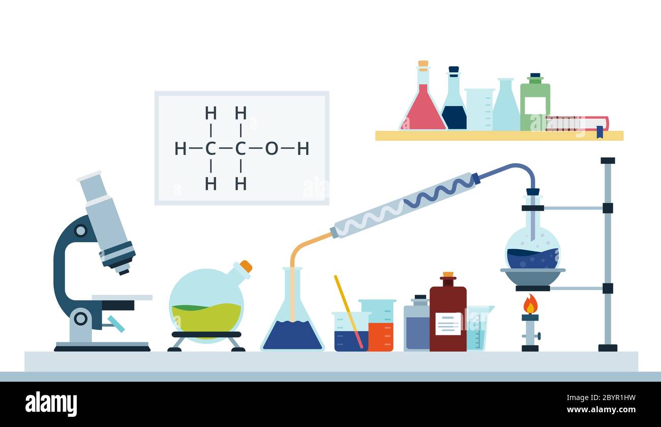 Laboratory chemical or biology research flat design vector illustration ...