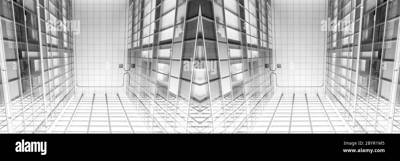 underside panoramic and perspective view to steel gray glass high rise ...