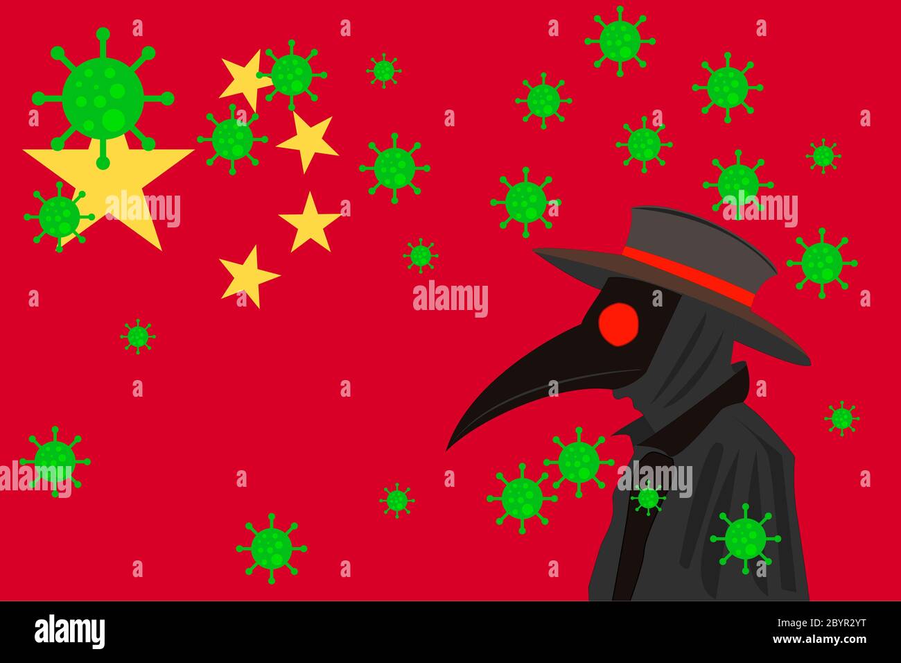 Black plague doctor surrounded by viruses with copy space with CHINA ...