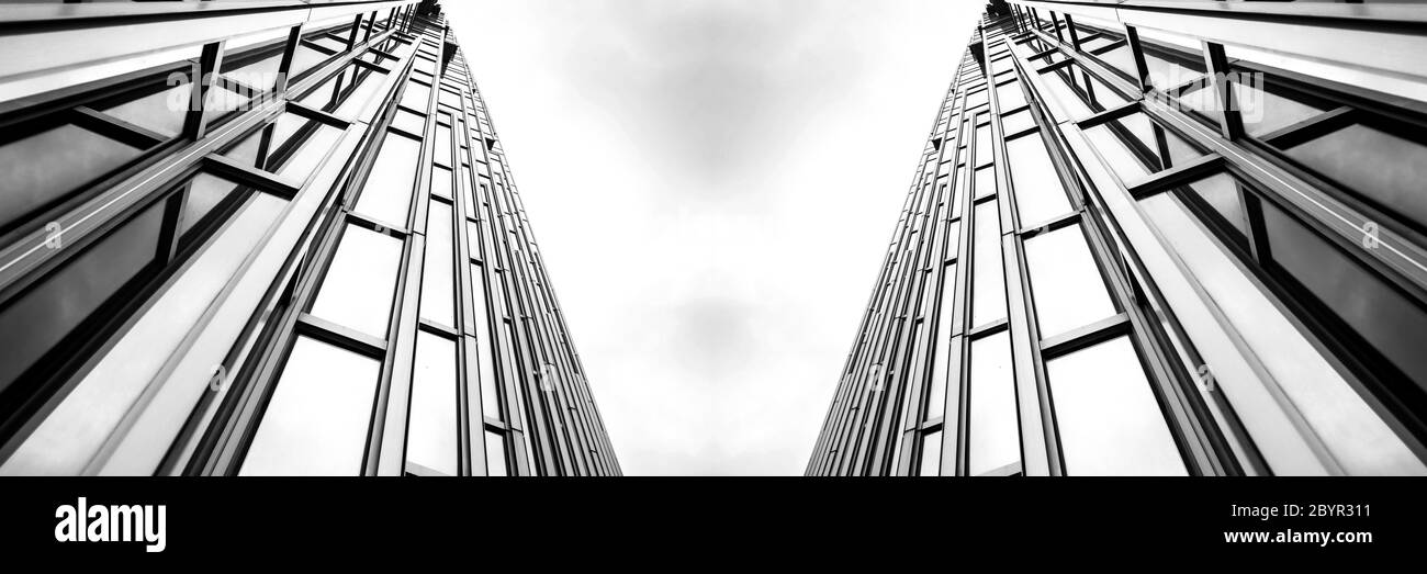 underside panoramic and perspective view to steel gray glass high rise ...