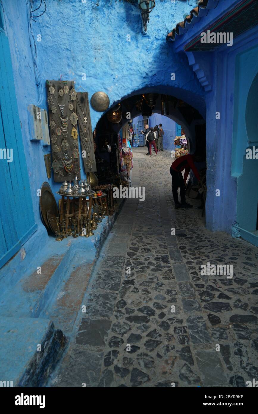 An alley in the unique blue-painted city of Chefchaouen, originally ...