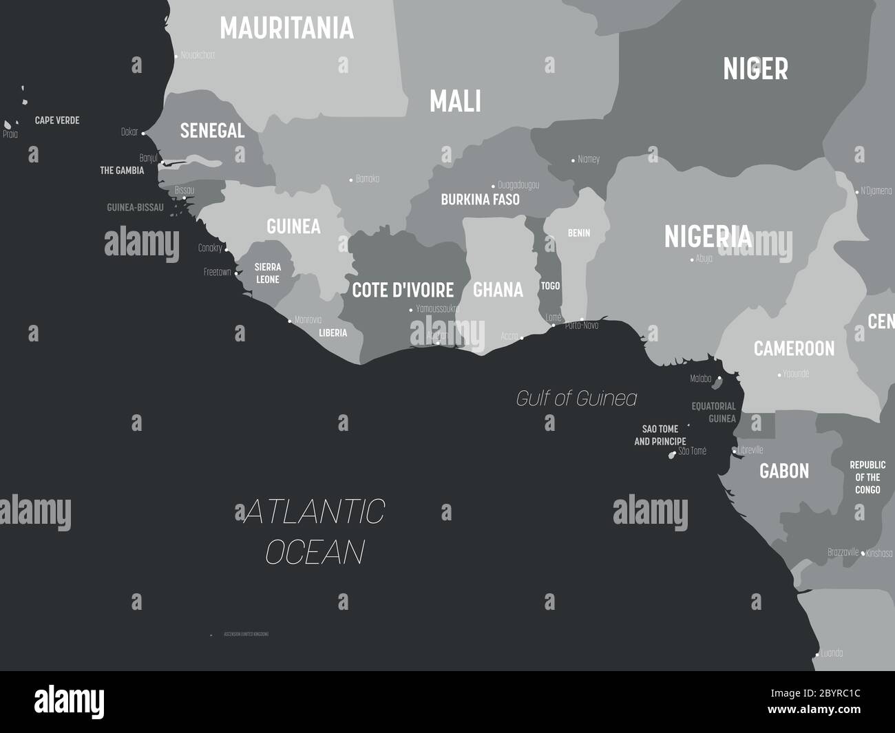 Western Africa map - grey colored on dark background. High detailed ...