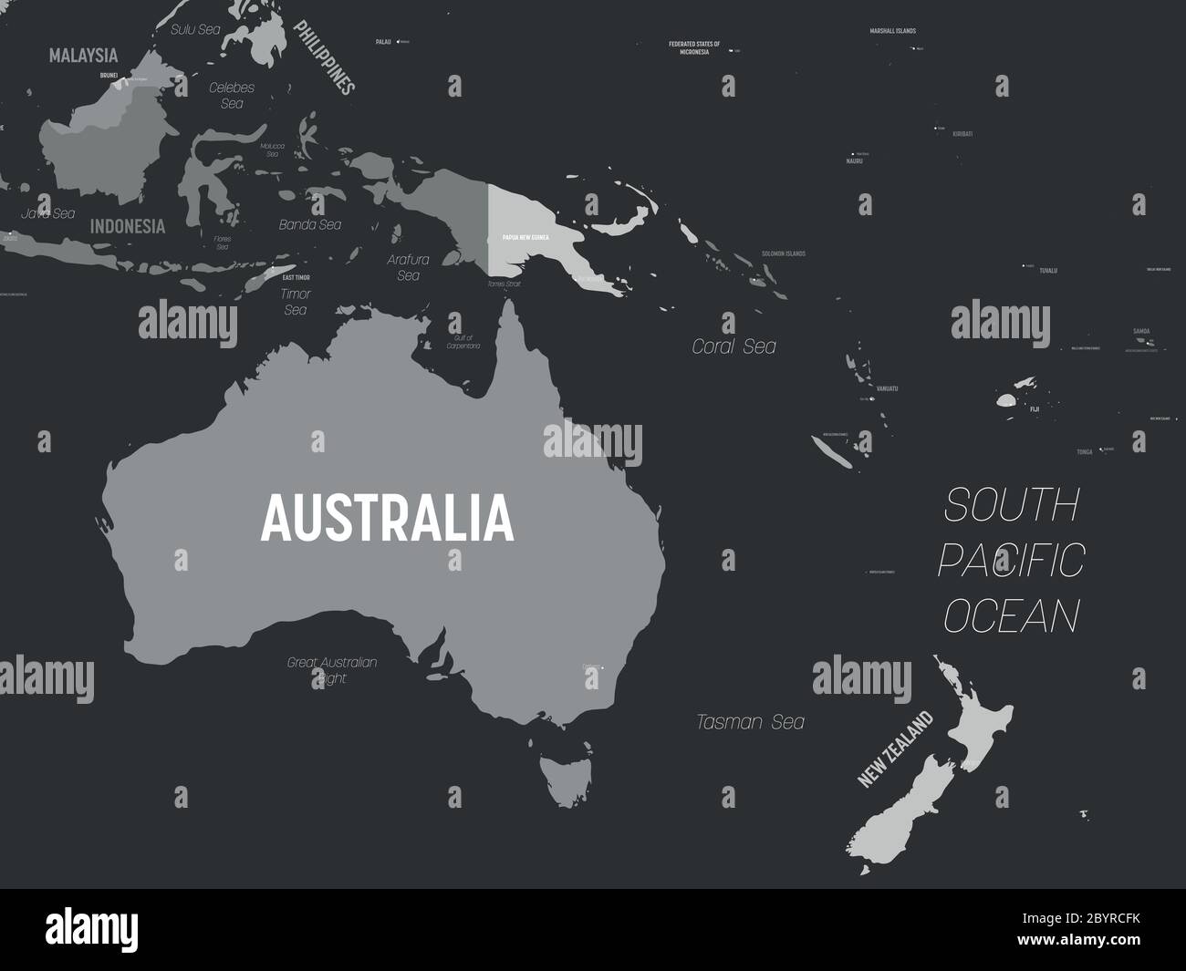 Australia and Oceania map - grey colored on dark background. High ...