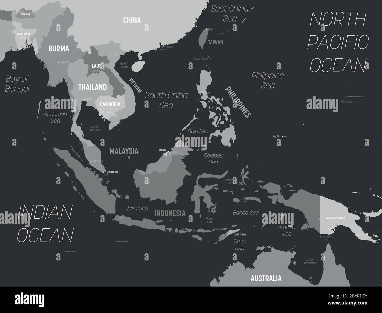 Southeast Asia map - grey colored on dark background. High detailed ...