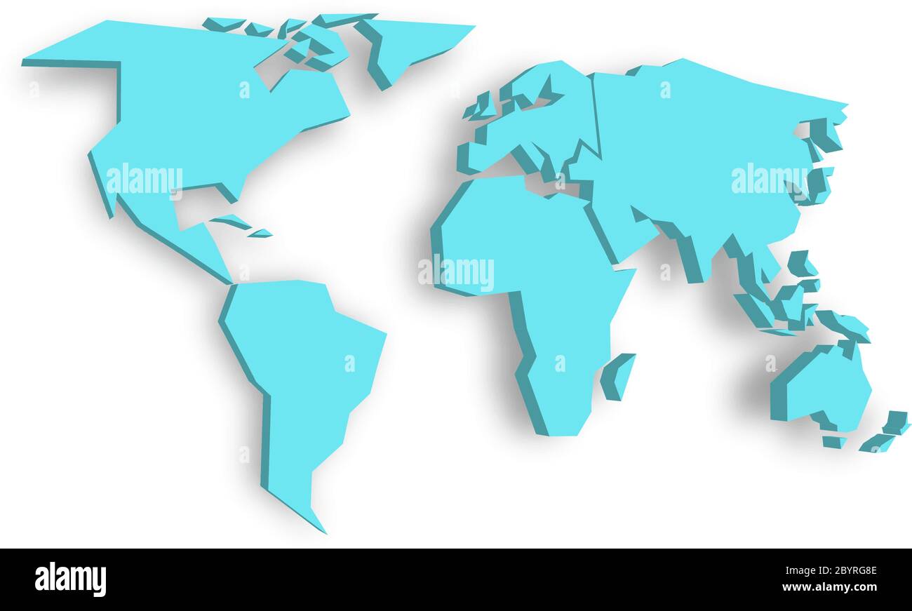 Blue 3D map of world with dropped shadow on background. Worldwide theme ...