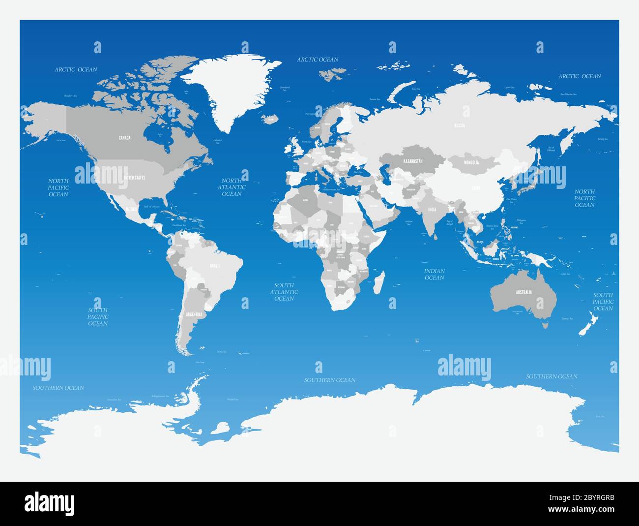 Light grey political World map on blue gradient background. Vector ...