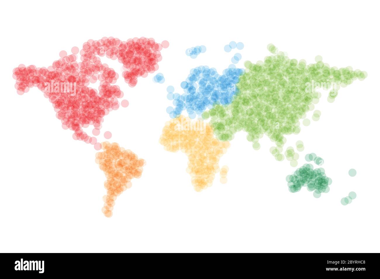 World map mosaic of small bubbles in defferent color for each continent ...