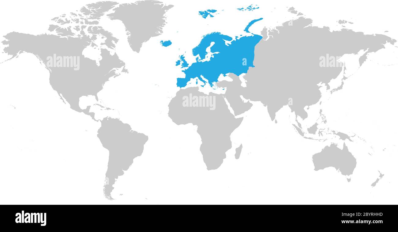 Europe continent blue marked in grey silhouette of World map. Simple ...