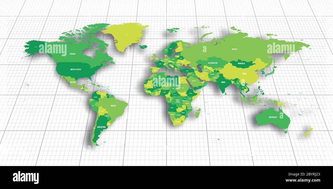 Green geopolitical map of World. Bottom perspective view with ...