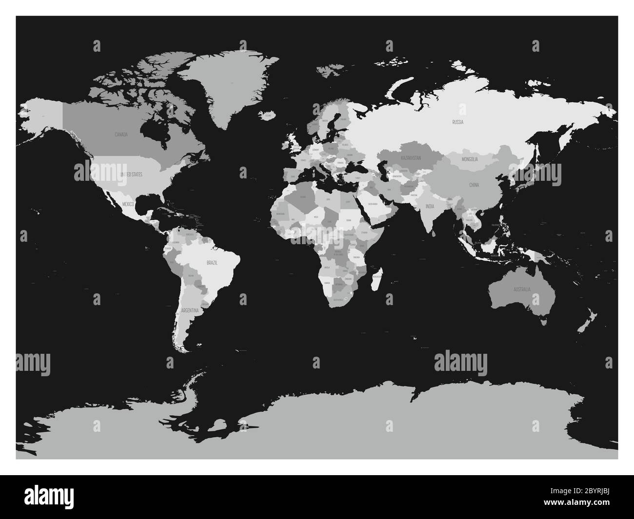 World map in four shades of grey on dark background. High detail blank ...