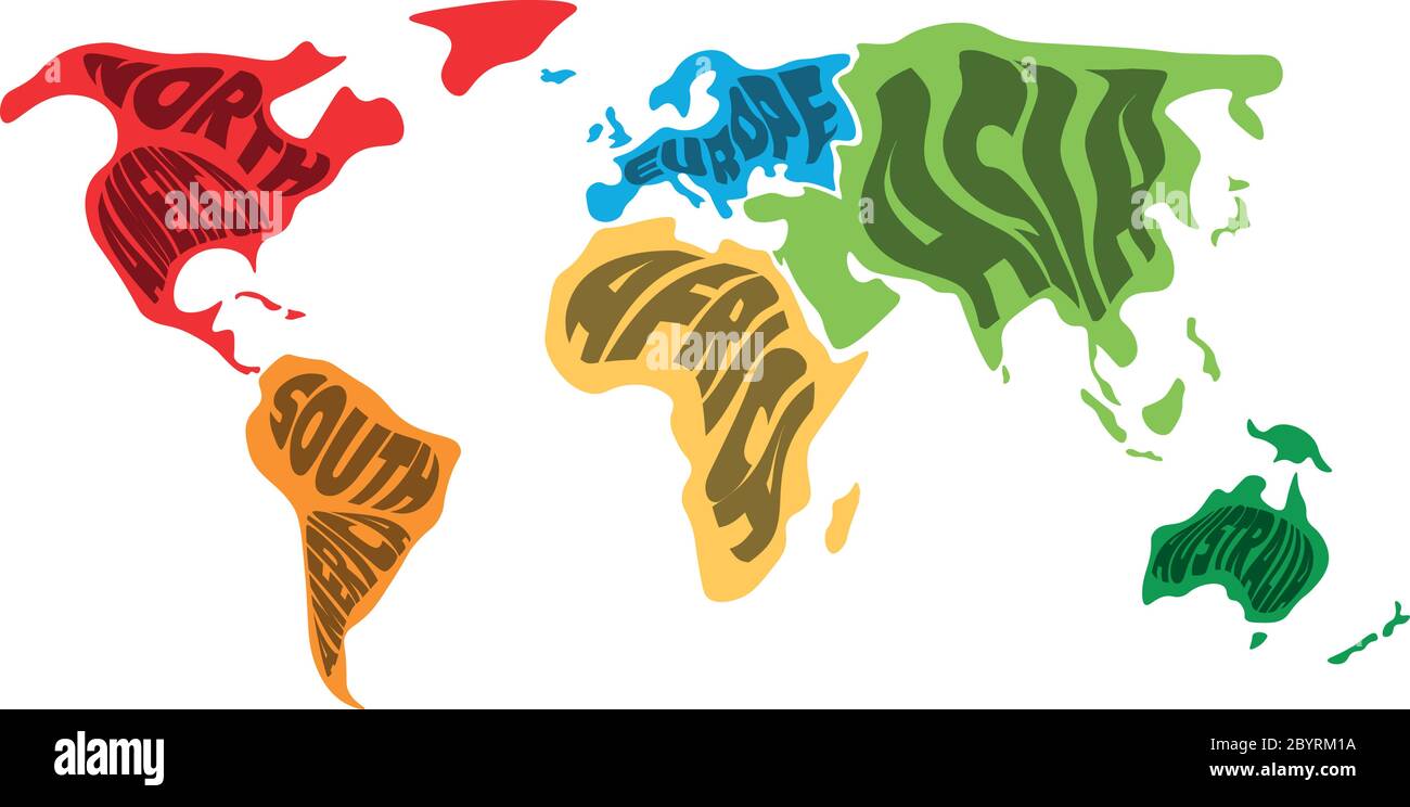 World map divided into six continents. Name of each continent wrapped ...