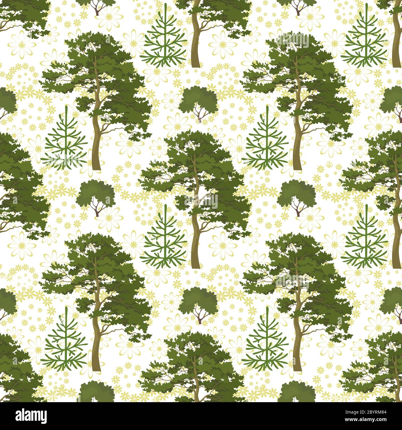 Seamless, trees and floral pattern Stock Photo - Alamy
