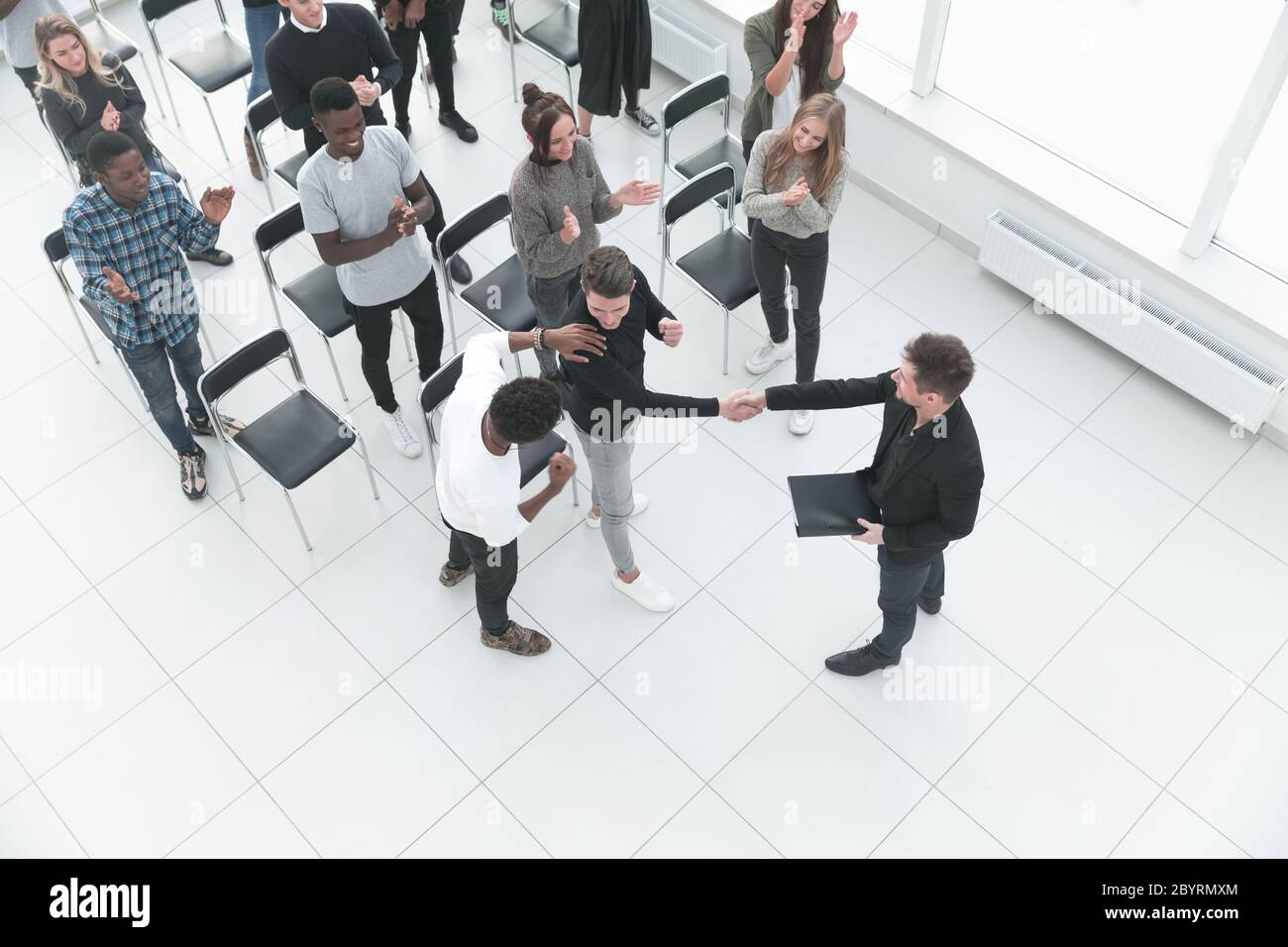Image from above of business people sitting around conference de Stock ...